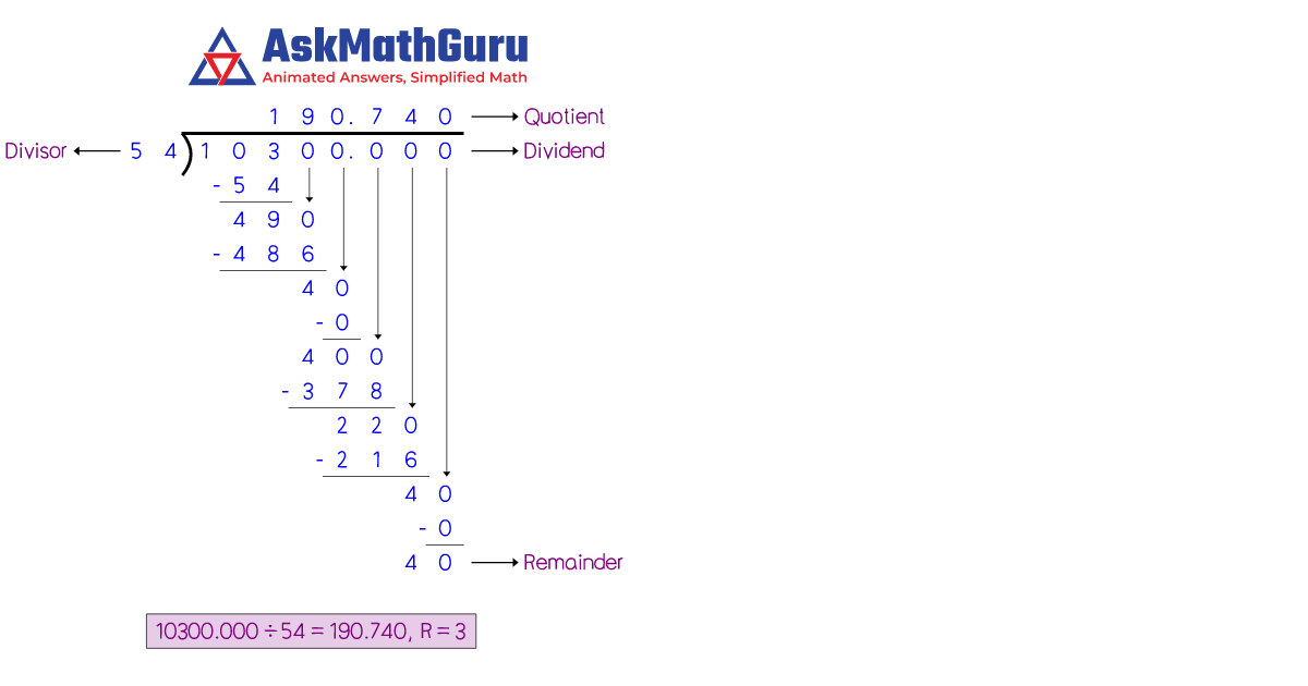What is 10300 divided by 54 calculating to 3 decimal places | Long ...