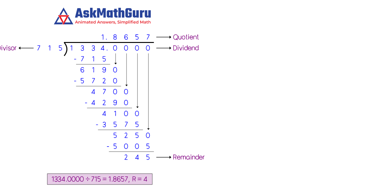 What is 1334 divided by 715 to 4 decimal places | Long Division Method