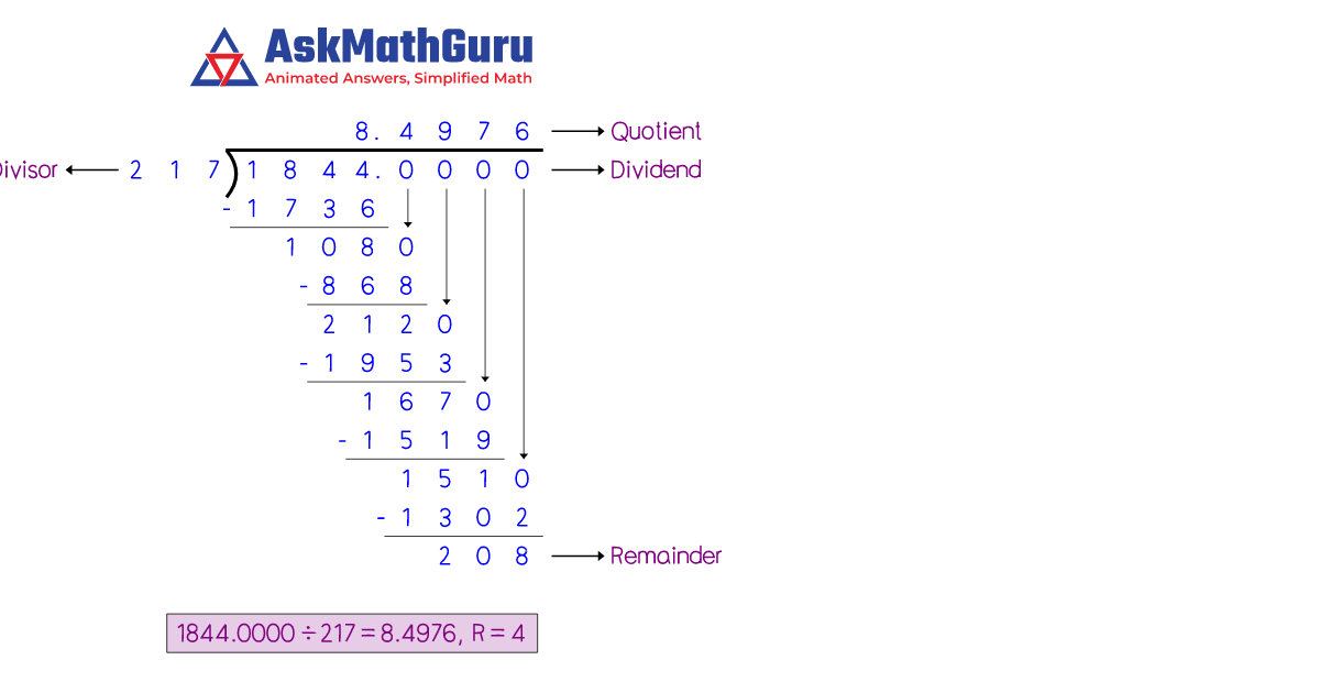 What is 1844 divided by 217 to 4 decimal places | Long Division Method