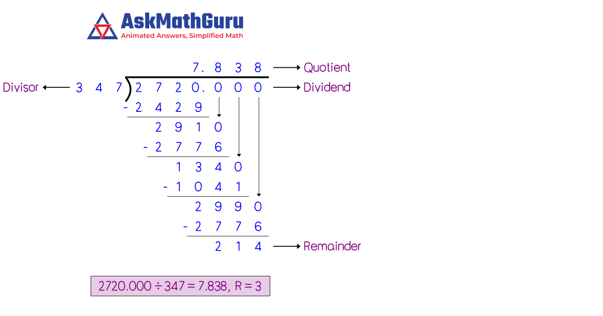 What is 2720 divided by 347 to 3 decimal places | Long Division Method