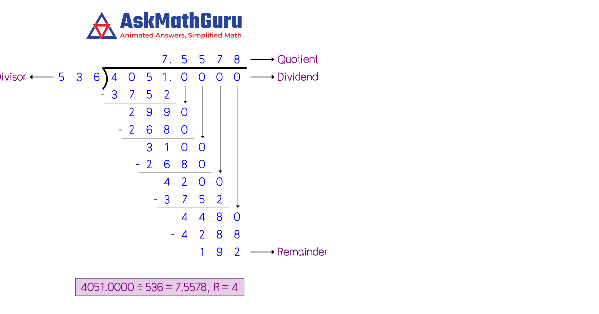 What is 4051 divided by 536 to 4 decimal places | Long Division Method