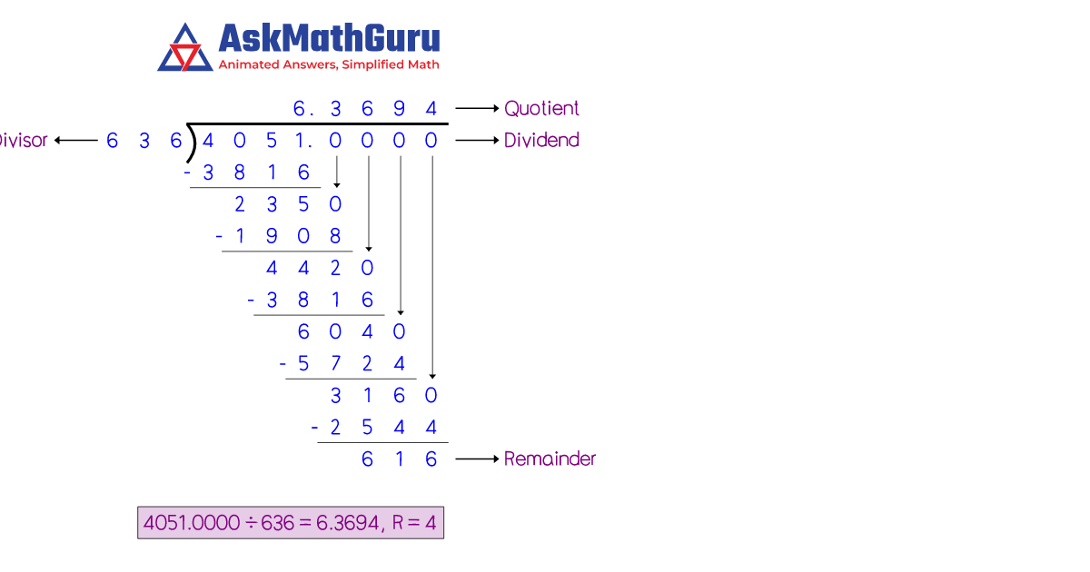 What is 4051 divided by 636 to 4 decimal places | Long Division Method