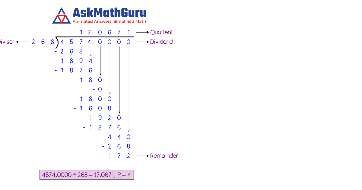What is 4574 divided by 268 to 4 decimal places | Long Division Method