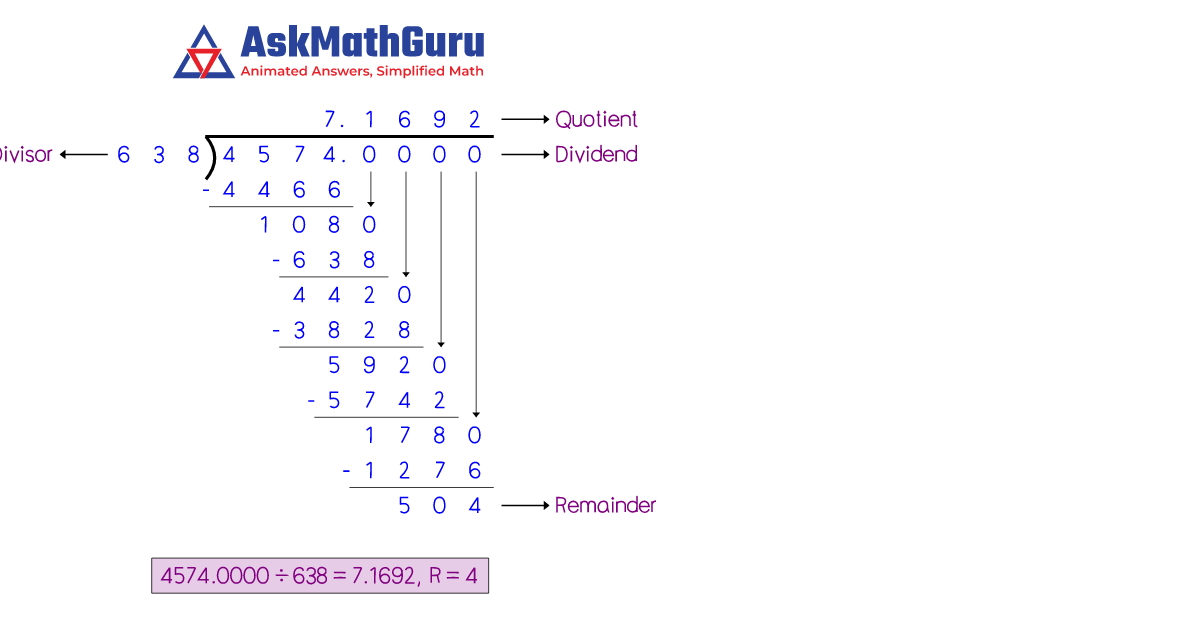 What is 4574 divided by 638 to 4 decimal places | Long Division Method