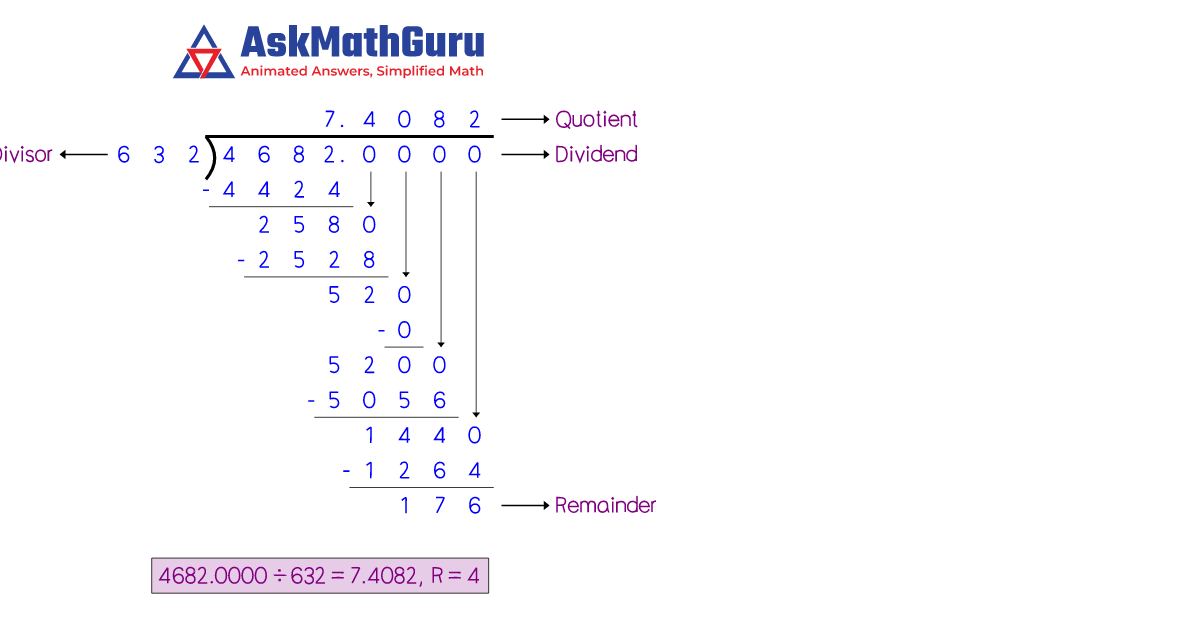 What is 4682 divided by 632 to 4 decimal places | Long Division Method
