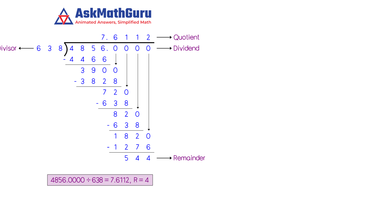 What is 4856 divided by 638 to 4 decimal places | Long Division Method