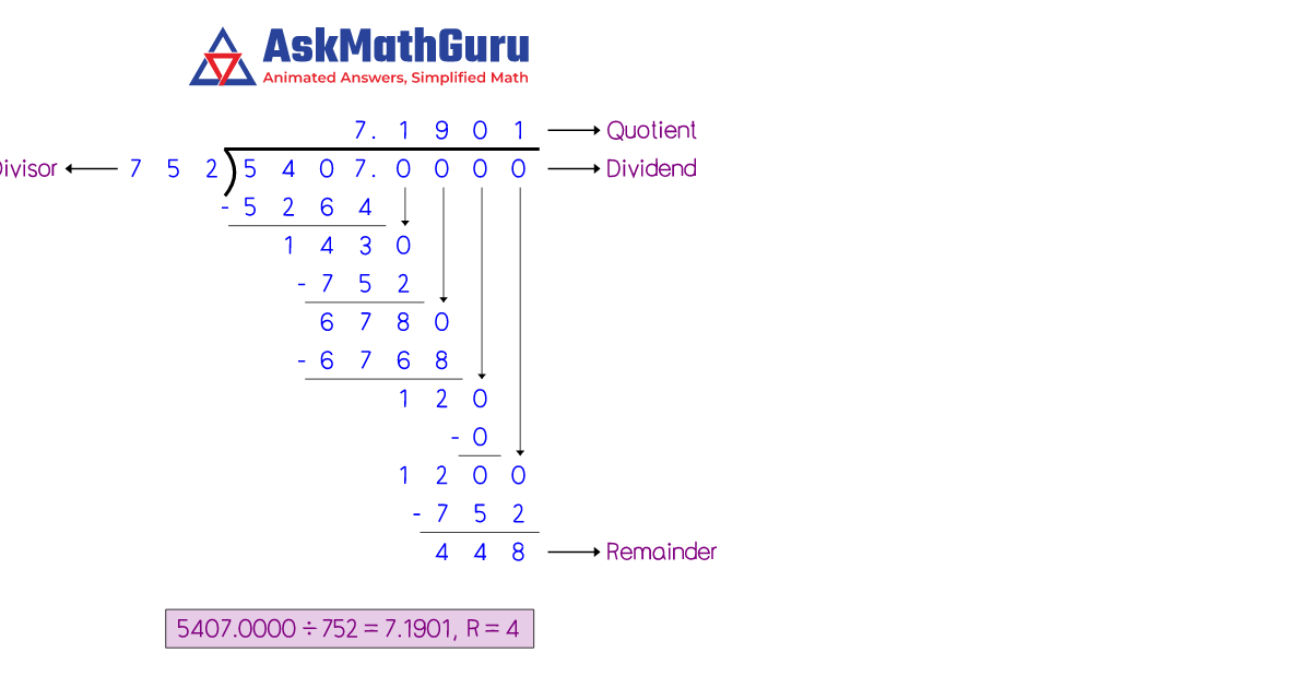 What is 5407 divided by 752 to 4 decimal places | Long Division Method