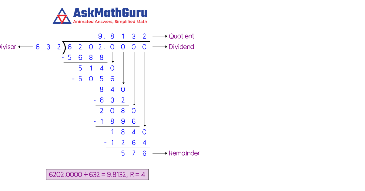 What is 6202 divided by 632 to 4 decimal places | Long Division Method