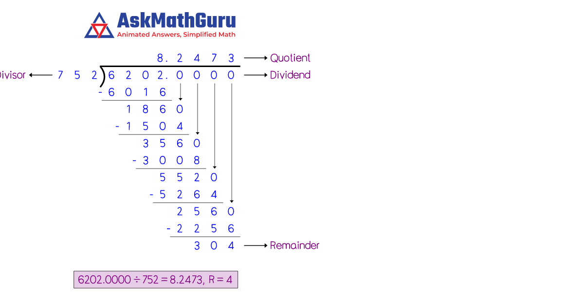 What is 6202 divided by 752 to 4 decimal places | Long Division Method