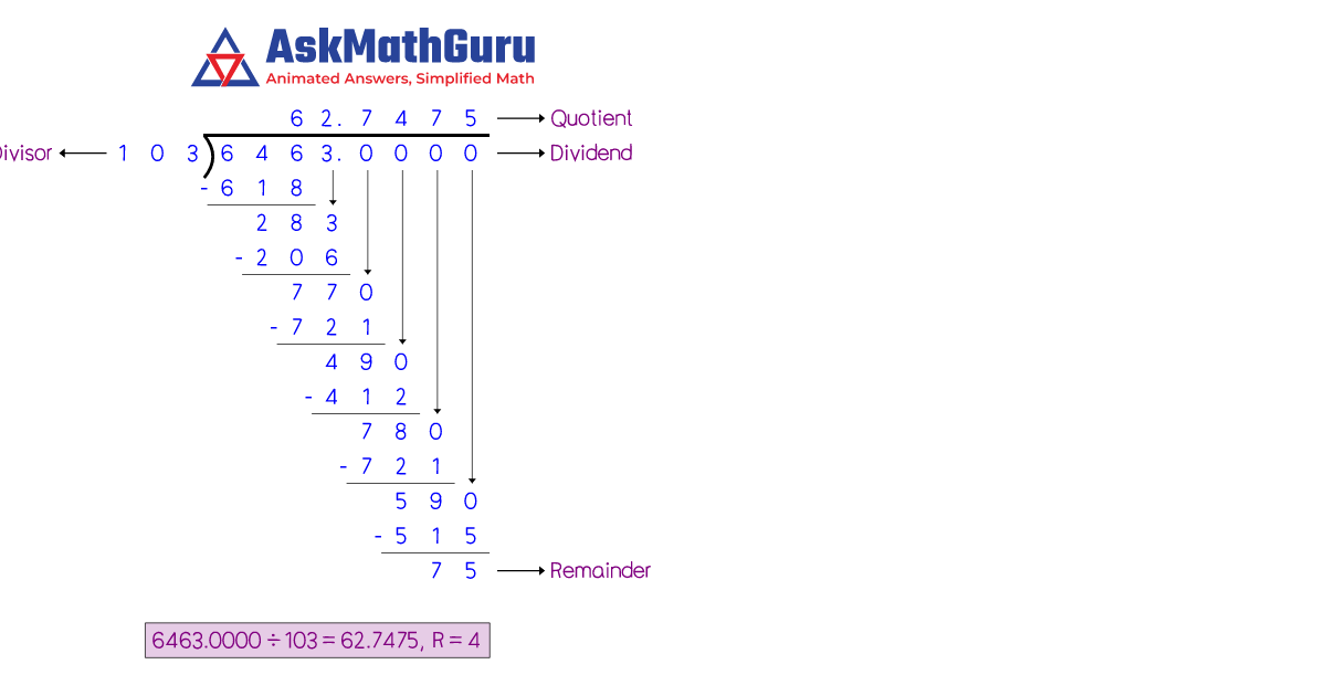 What is 6463 divided by 103 to 4 decimal places | Long Division Method