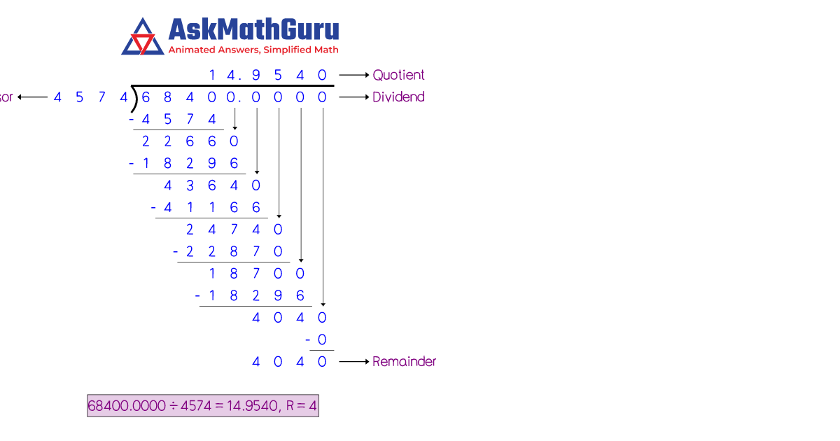 What is 68400 divided by 4574 to 4 decimal places | Long Division Method