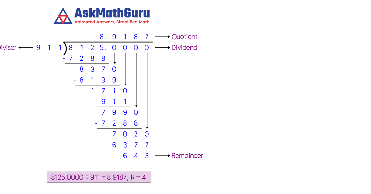 What is 8125 divided by 911 to 4 decimal places | Long Division Method