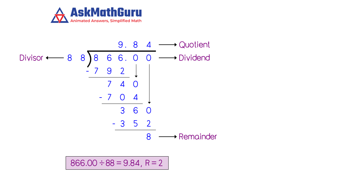 What is 866 divided by 88 calculating to 2 decimal places | Long ...
