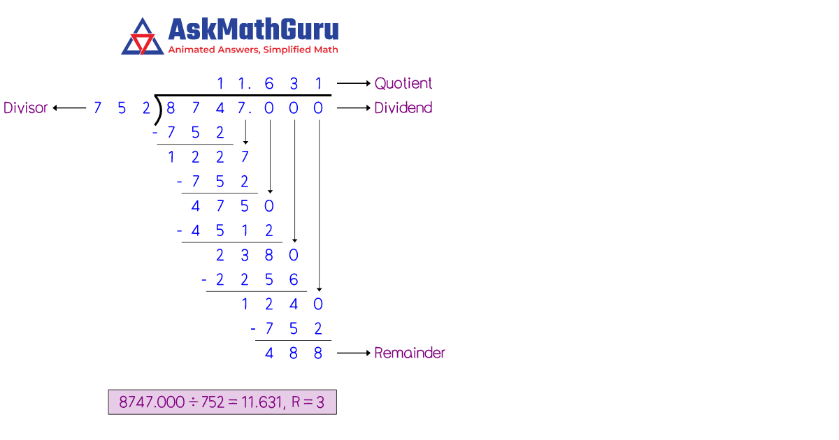 What is 8747 divided by 752 to 3 decimal places | Long Division Method