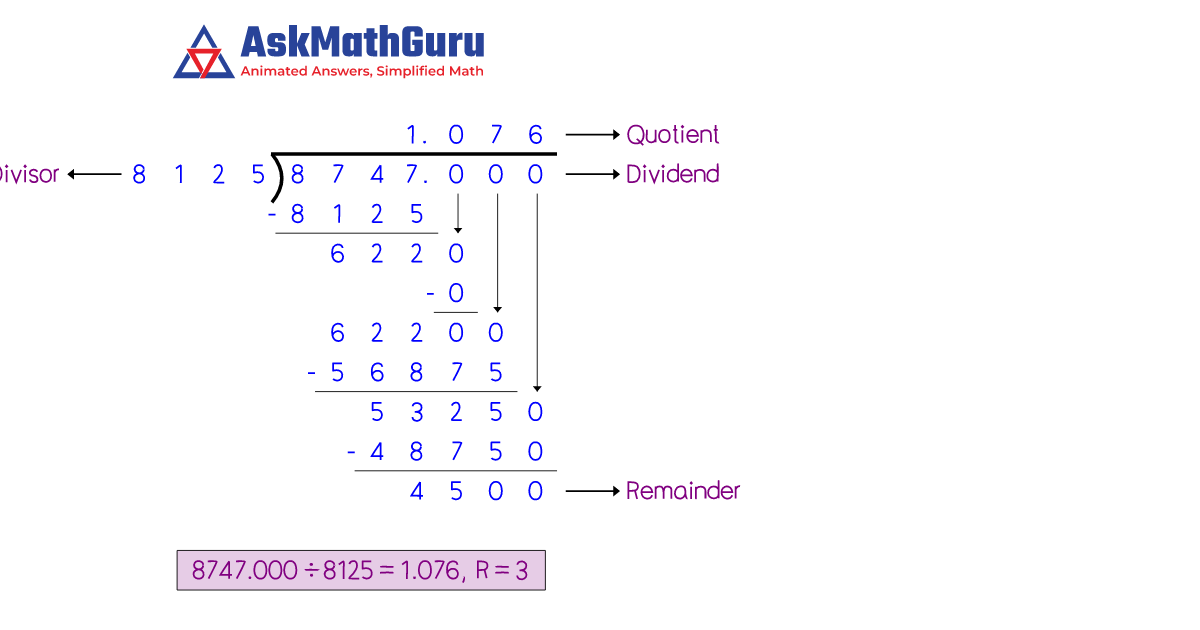 What is 8747 divided by 8125 calculating to 3 decimal places | Long ...