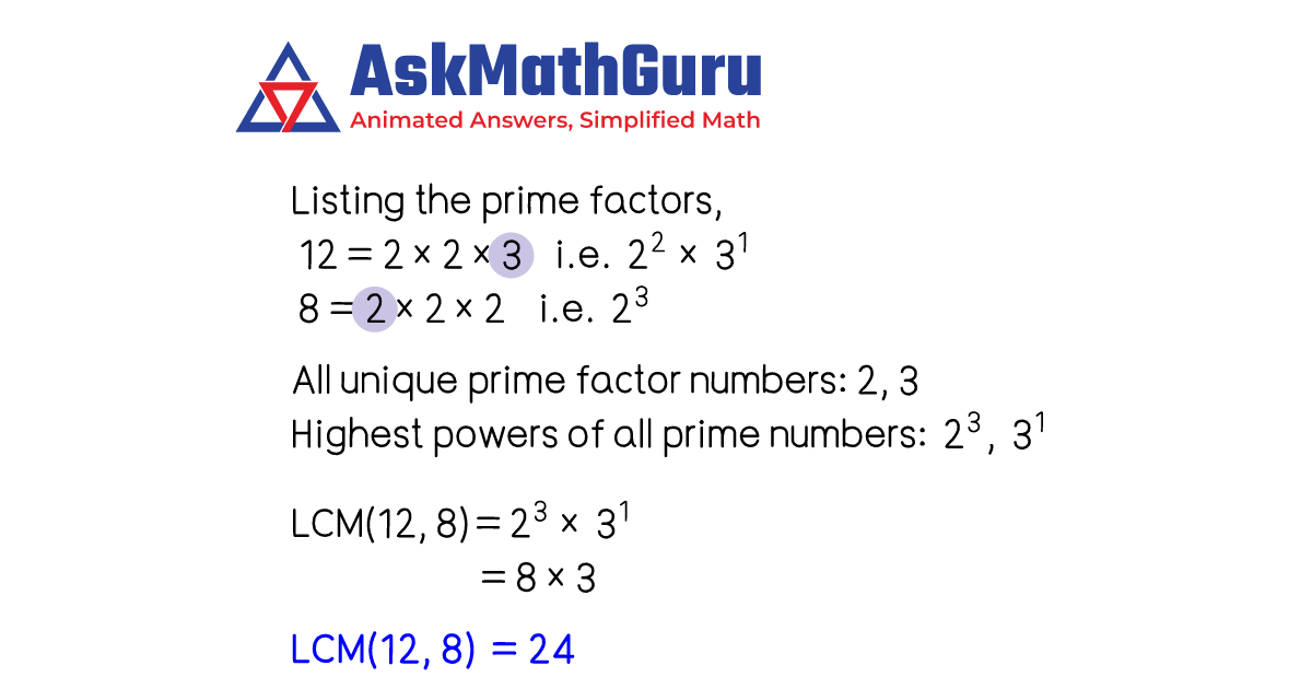 What is the LCM of 12 and 8 | Prime factorisation, common factor