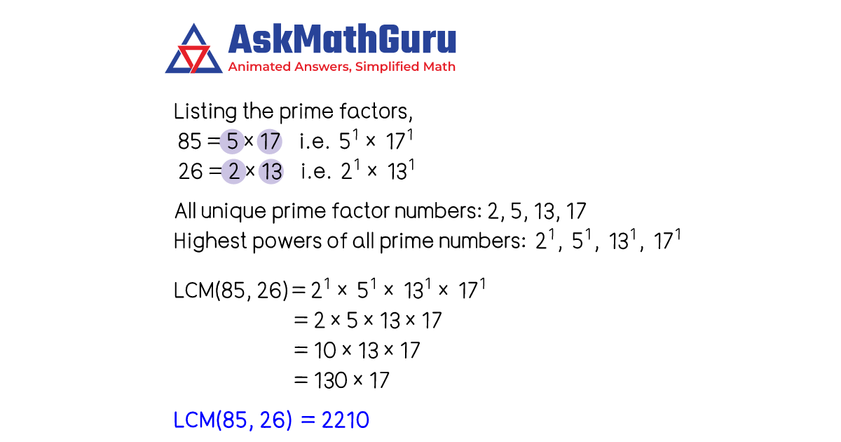 What is the LCM of 85 and 26 | Prime factorisation, common factor