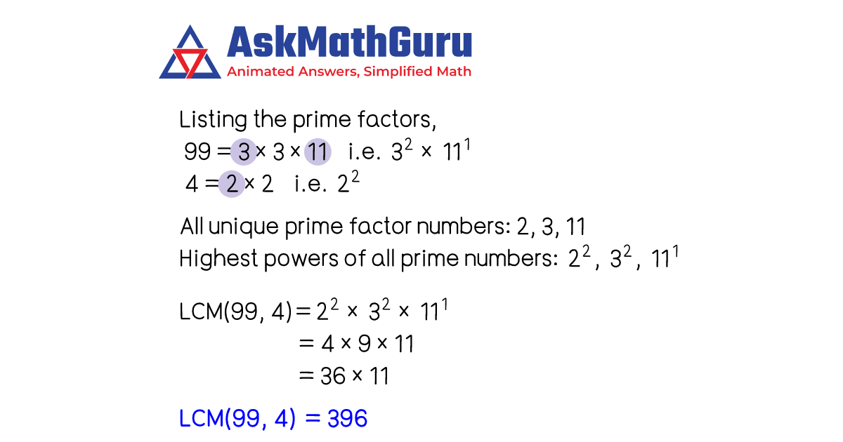 What is the LCM of 99 and 4 | Prime factorisation, common factor