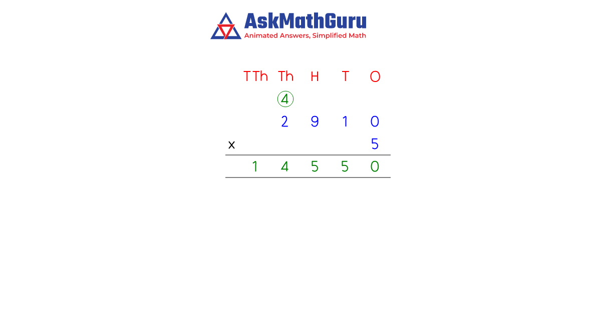 What is 2910 multiply by 5 | Long Multiplication Method