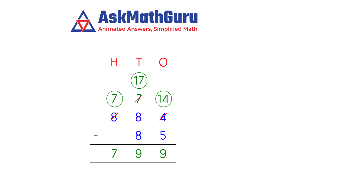 What is 884 minus 85 | Subtraction using place value